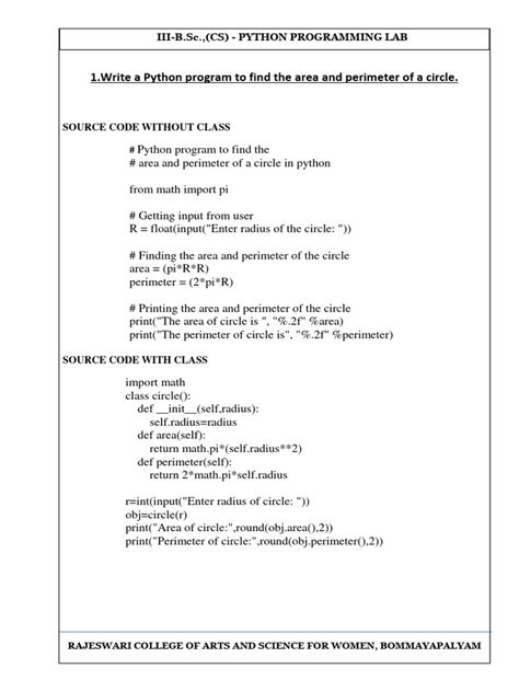Iii Bsc Python Lab Record Pdf Python Programming Language Area