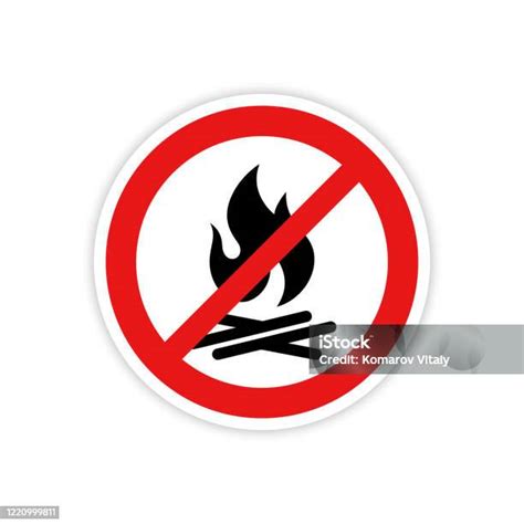 캠프 파이어 기호가있는 금지 기호의 벡터 그림은 흰색 배경에 있습니다 모닥불에 대한 스톡 벡터 아트 및 기타 이미지 모닥불 금지됨 경계 표지 Istock