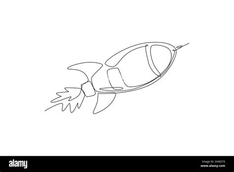 One Continuous Line Drawing Of Simple Retro Spacecraft Flying Up To The Outer Space Nebula