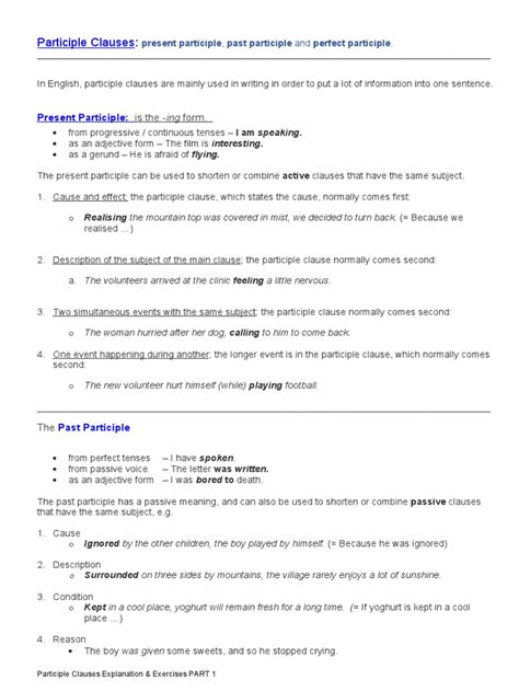 Participle Clauses Explanation Exercises Part 1 Pdf