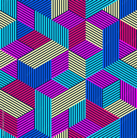 Geometric 3d Seamless Pattern With Lined Cubes Stripy Boxes Blocks