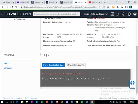 erro ao clicar em planejar oracle cloud infrastructure banco de