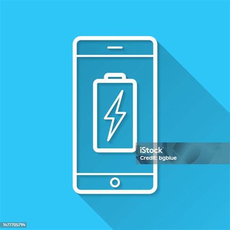 배터리 충전 기호가 있는 스마트폰 파란색 배경에 아이콘 긴 그림자가 있는 평면 디자인 3차원 형태에 대한 스톡 벡터 아트 및 기타 이미지 3차원 형태 가득 찬 개념