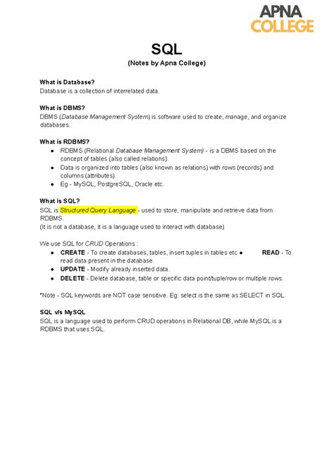 Sql Notes Sql Notes By Apna College What Is Database Database Is A