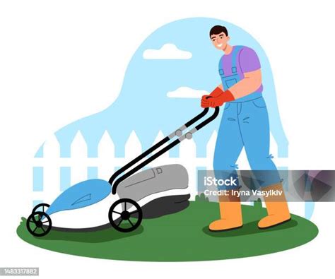 마당에서 일하는 남성 정원사 잔디를 깎는 핸디맨 캐릭터 정원 유지 관리 개념입니다 플랫 벡터 그림입니다 경작지에 대한 스톡 벡터