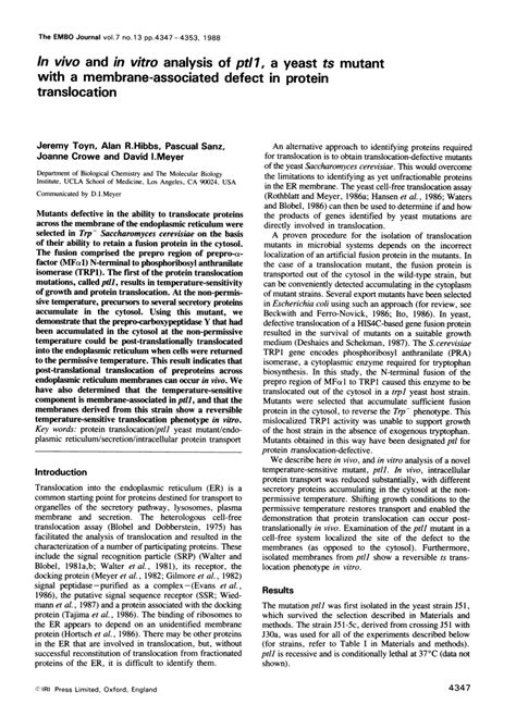 Pdf In Vivo And In Vitro Analysis Of Ptl1 A Yeast Ts Mutant With A Membrane Associated Defect