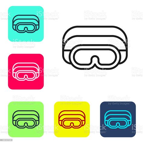 흰색 배경에 격리 된 검은 줄 스키 고글 아이콘 익스트림 스포츠 스포츠 장비 색상 정사각형 단추로 아이콘을 설정합니다 벡터 검은