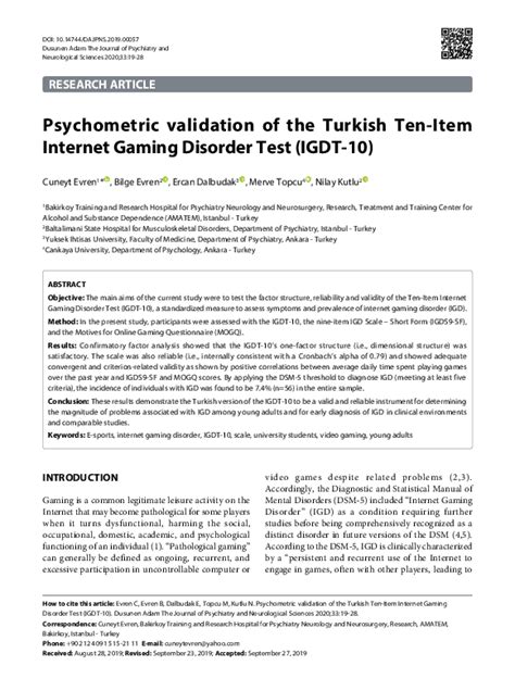 Pdf Psychometric Validation Of The Turkish Ten Item Internet Gaming
