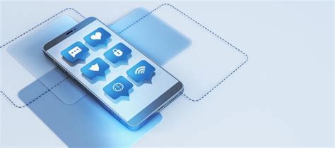 화면 소셜 미디어 및 네트워크 개념 3d 렌더링에 통신 아이콘이 있는 창의적인 파란색 휴대폰 프리미엄 사진