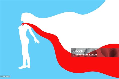 푸른 배경에 빨간색 슈퍼 영웅 케이프와 어린 소녀 흰색 실루엣 여성 권리 포스터 배너 플래카드 전단지 컨셉 디자인 벡터