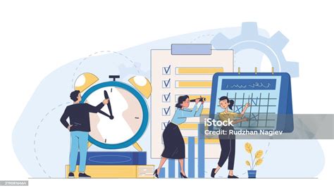 시간 관리 사람들 남자와 여자가 거대한 시계와 달력 근처에 있습니다 효율적인 작업 프로세스를 구성합니다 계획 및 스케줄링 팀워크와 협업 선형 벡터 그림 계시기에 대한 스톡