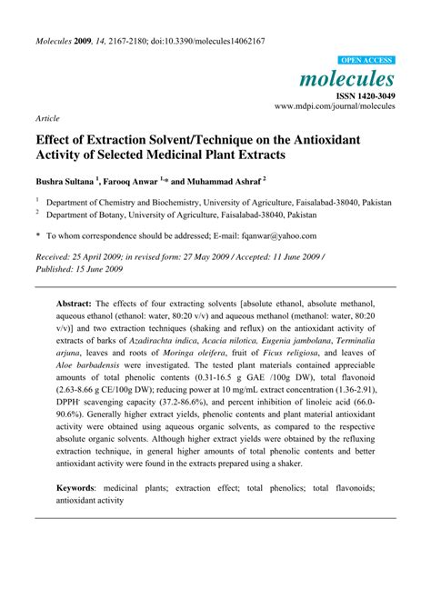 Pdf Effect Of Extraction Solventtechnique On The Antioxidant