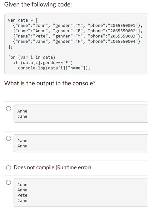 Solved Given The Following Code Var Data Chegg