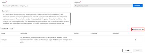 fortify hosted add a custom template with custom tags to an application