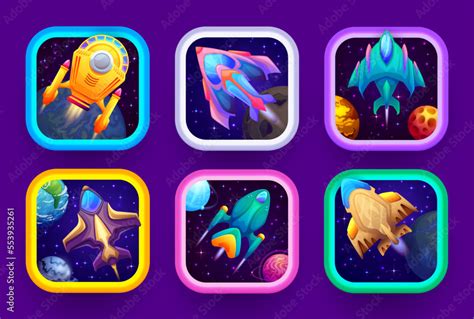 cartoon space game app icons with starships vector set ui or gui menu