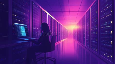 A Data Analyst Working At Dusk In A Modern Server Room Illuminated By Purple Lights And Glowing