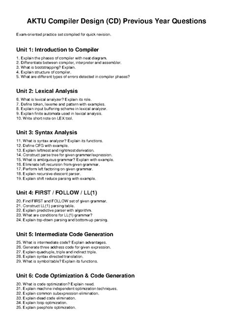 Aktu Compiler Design Cd Previous Year Questions For Quick Revision