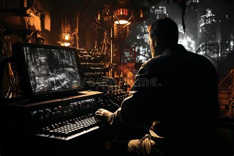A Man Watches The Monitor Screens Of A Video Surveillance System In A Secret Base A Dark