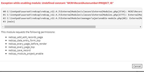 Exception While Enabling Module Undefined Constant MCRI RecordAutonumber PROJECT ID Issue