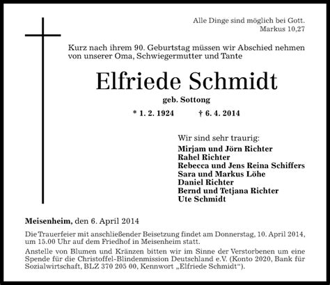 Traueranzeigen Von Elfriede Schmidt Rz Trauerde