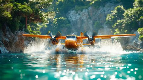 A Small Orange Plane Is Taking Off From The Water Stock Image Image