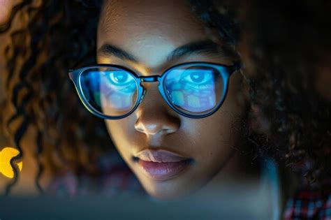 a woman wearing glasses is focused on a computer screen premium ai