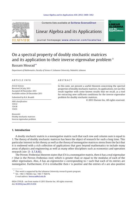Pdf On A Spectral Property Of Doubly Stochastic Matrices And Its