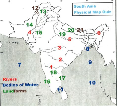South Asia Physical Map Rivers And Bodies Of Water Diagram Quizlet