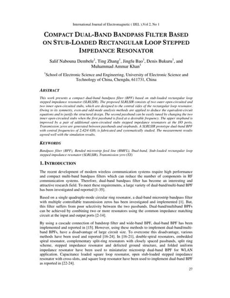 Compact Dual Band Bandpass Filter Based On Stub Loaded Rectangular Loop