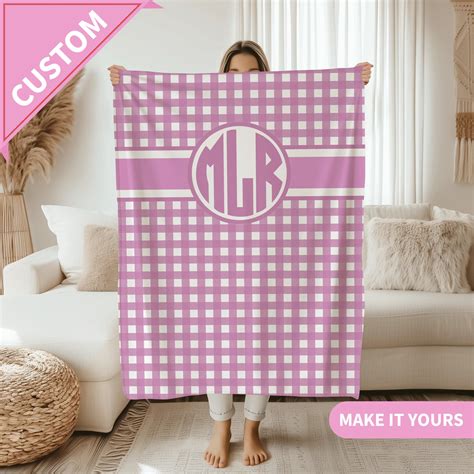 Personalized Pink Gingham Monogram Preppy Blanket