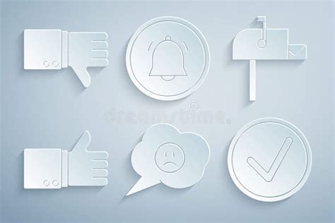Set Speech Bubble With Sad Smile Open Mail Box Hand Thumb Up Check Mark In Circle Button