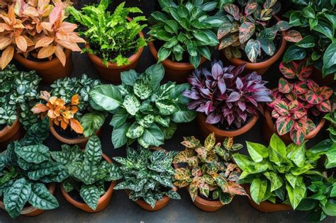 Variety Of Vibrant Potted Plants Arranged Neatly On A Flat Surface In