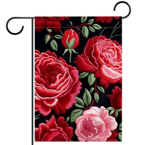 Embroidery Red Roses And Pink Peonies Pattern Welcome Garden Flags