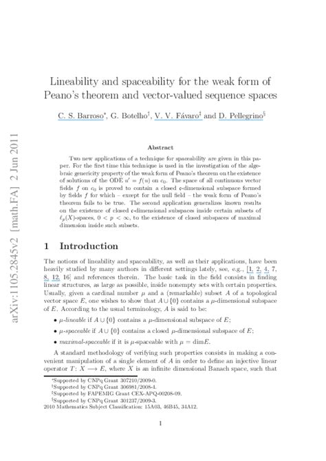 Pdf Lineability And Spaceability For The Weak Form Of Peanos Theorem