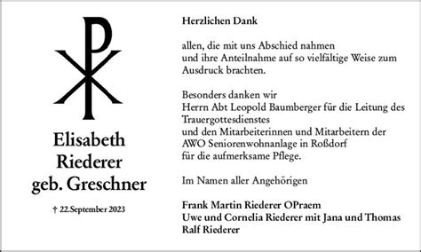 Traueranzeigen Von Elisabeth Riederer Vrm Trauerde