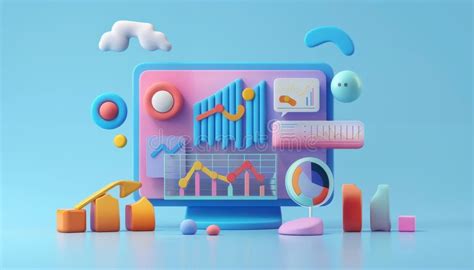 Colorful 3d Computer Display Featuring Data Analytics Graphs And Charts On Light Blue Background