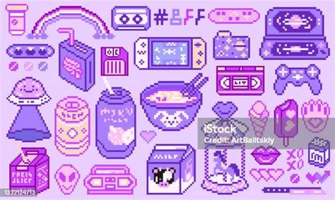 픽셀 아트 8 비트 개체 복고풍 디지털 게임 자산 핑크 패션 아이콘 세트 빈티지 가리 스티커 아케이드 컴퓨터 비디오 캐릭터 공룡 조랑말 무지개 8에 대한 스톡 벡터 아트 및