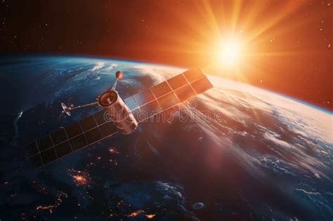 Space Satellite With Solar Panels Orbiting Earth Sunlit Technology In Space Exploration Stock