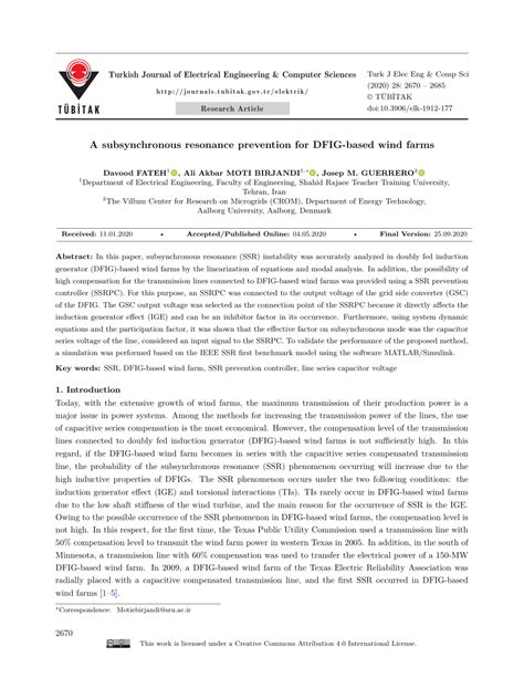Pdf A Subsynchronous Resonance Prevention For Dfig Based Wind Farms