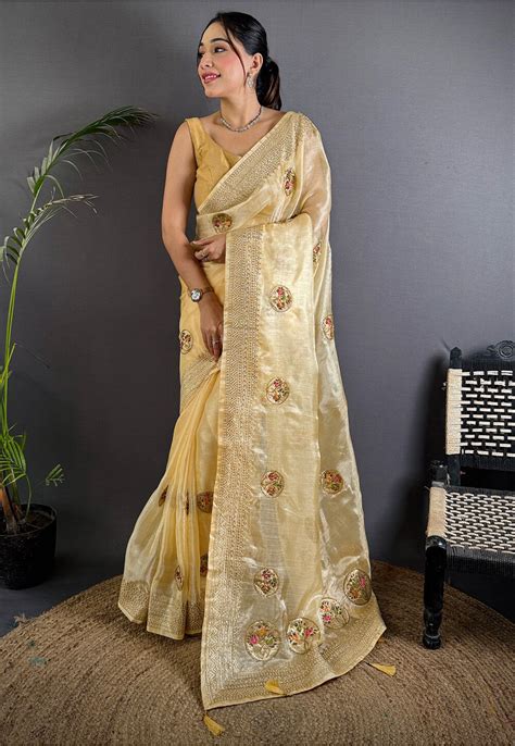 Buy Hand Embroidered Organza Saree In Light Yellow Online Sej1461