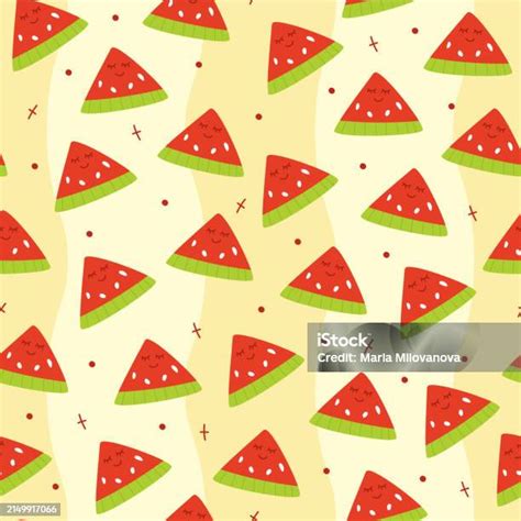 노란색 배경에 귀여운 눈을 가진 손 그리기 수박 과일의 완벽 한 패턴 여름 녹색 빨간색 분홍색 과일 배경 벡터 일러스트 레이 션 플랫 낙서 만화 스타일 심플한 디자인이