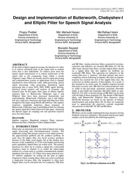 design and implementation of butterworth chebyshev i and elliptic