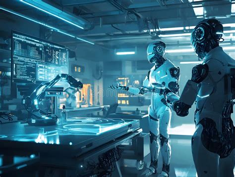 Robots in a High-tech Laboratory Setting Stock Illustration - Illustration of environment, light ...