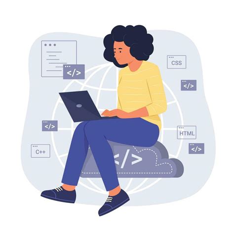 Programmer Woman Sitting On Cloud Computing Symbol And Process Coding For Software Development