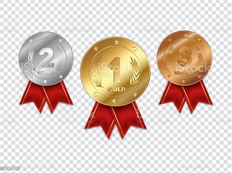 붉은 리본과 아이콘 사인이 있는 챔피언 골드 실버 브론즈 메달 세트 1위 2위 3위 금속에 대한 스톡 벡터 아트 및 기타 이미지 금속 메달 반짝이는 Istock