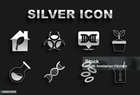 Dna 기호 화분에 심기 실험실 유리 제품 또는 비커 헤모글로빈 시험관 및 플라스크 친환경 집 및 생물학적 위험 아이콘을 설정합니다 벡터 Dna에 대한 스톡 벡터 아트 및