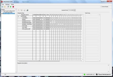 dac8742hevm read write the low level configuration in gui data