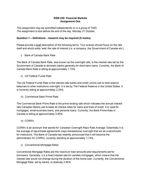 Rsm230 Group Assignment Rsm 230 Financial Markets Assignment One This Assignment May Be
