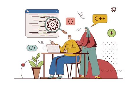 Programming Software Concept With Character Situation In Flat Design Stock Vector Illustration