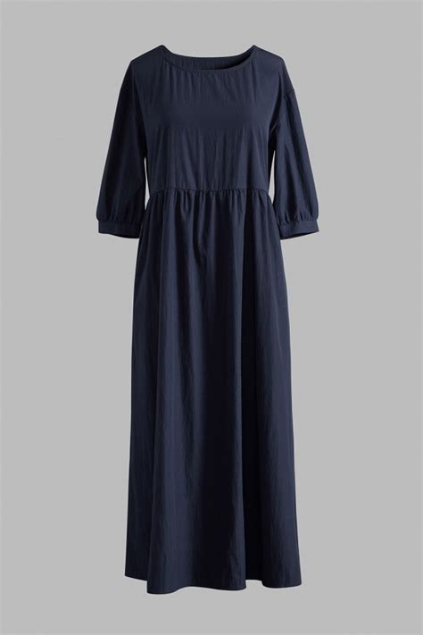 Crew Neck Cotton 34 Sleeve Linen Swing Maxi Dress Cherieday